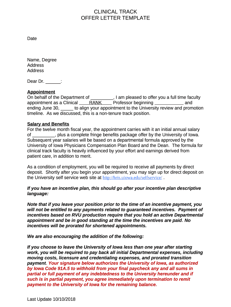 Template offer letter for Clinical Faculty Track Doc Template | pdfFiller