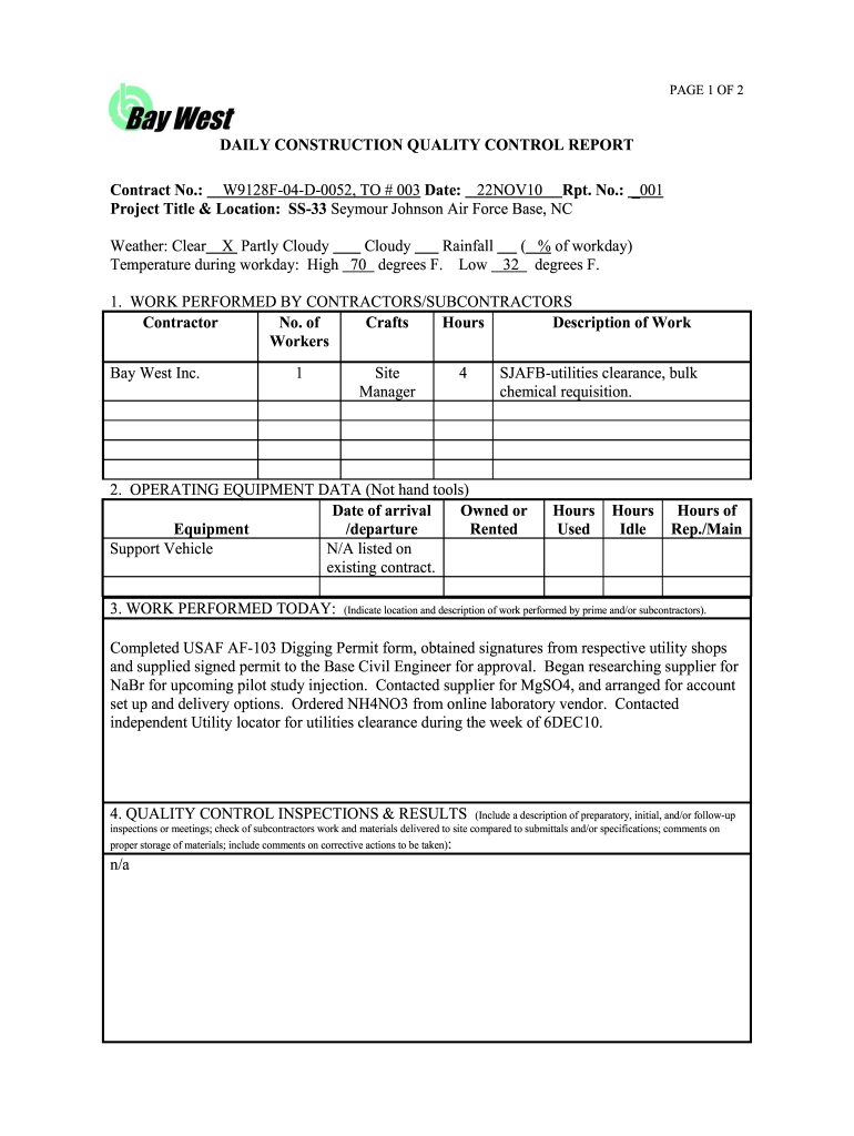 Fillable Online DAILY CONSTRUCTION QUALITY CONTROL REPORT Contract ...