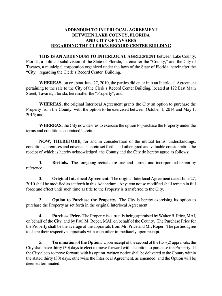Fillable Online addendum to interlocal agreement between lake county ...