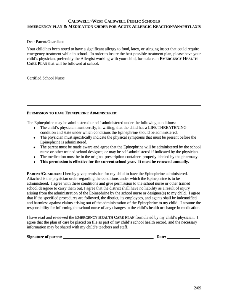 Emergency plan & Medication Order for Acute Allergic Reaction ...