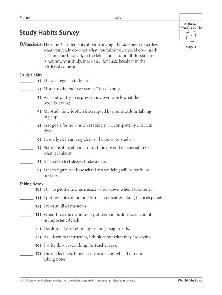 Study Habits Survey - Fill Online, Printable, Fillable, Blank | pdfFiller