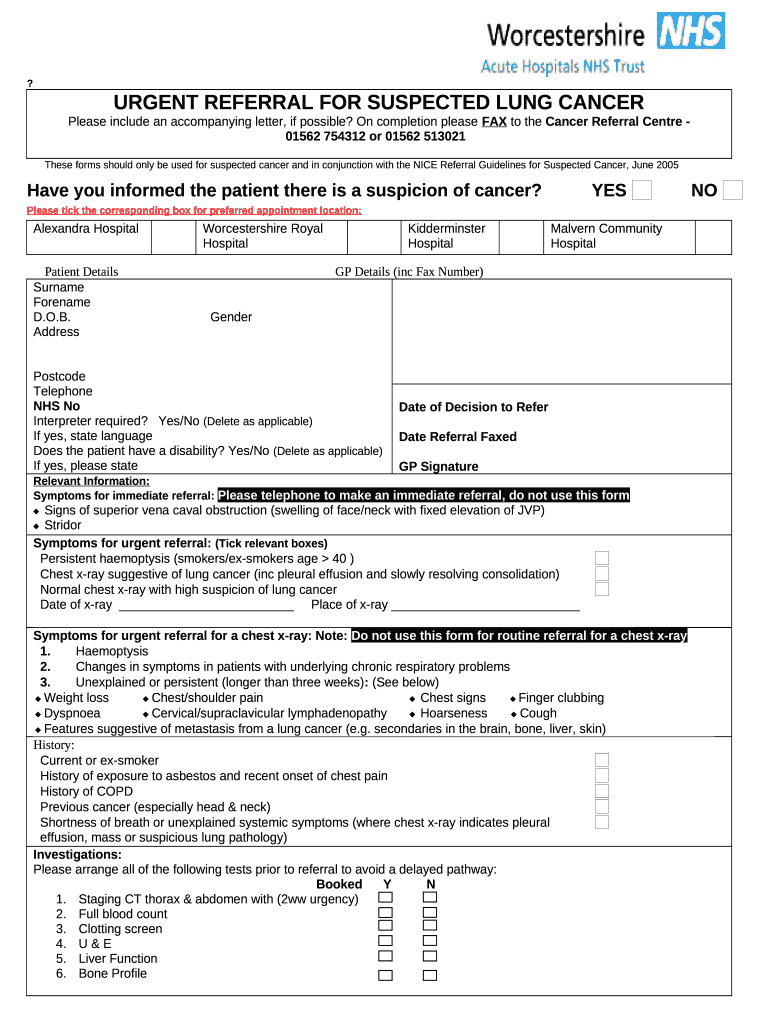 Suspected Lung Cancer 2WW Referral REFERRAL ... Doc Template | pdfFiller