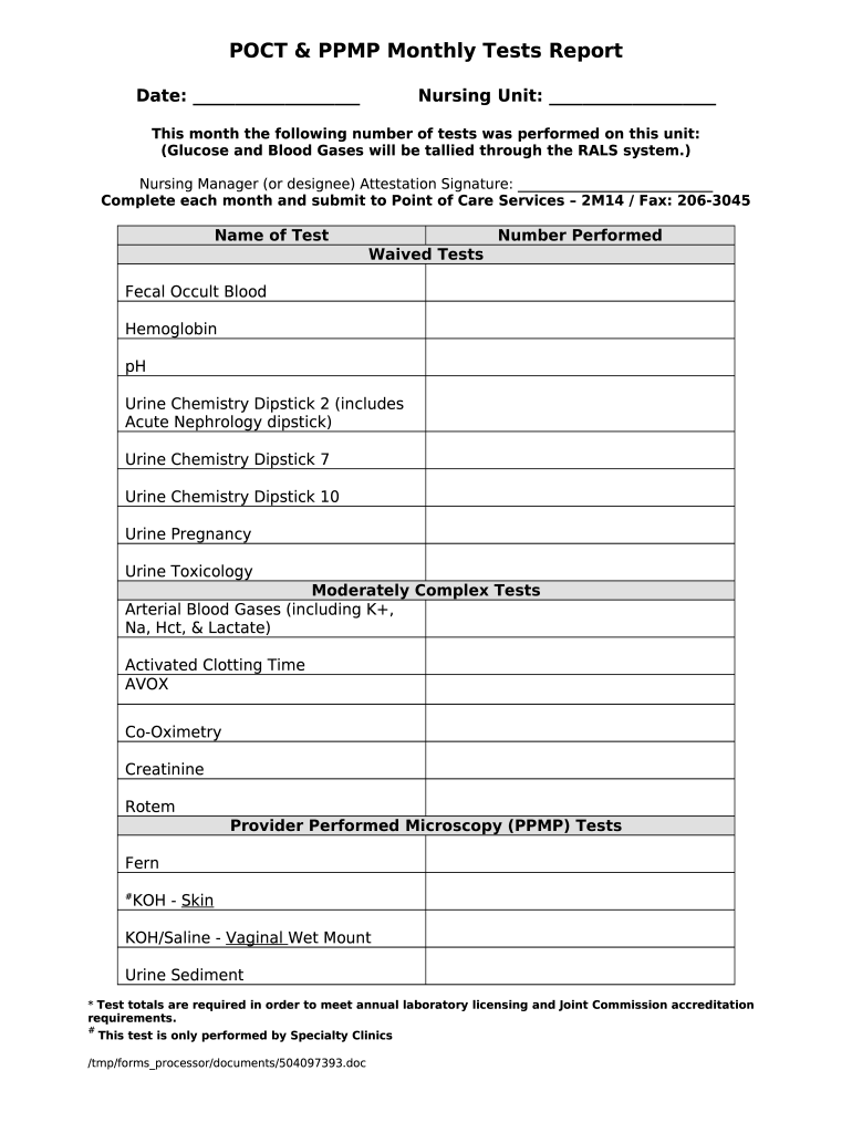 POCT & PPMP Monthly Tests Report Doc Template | pdfFiller