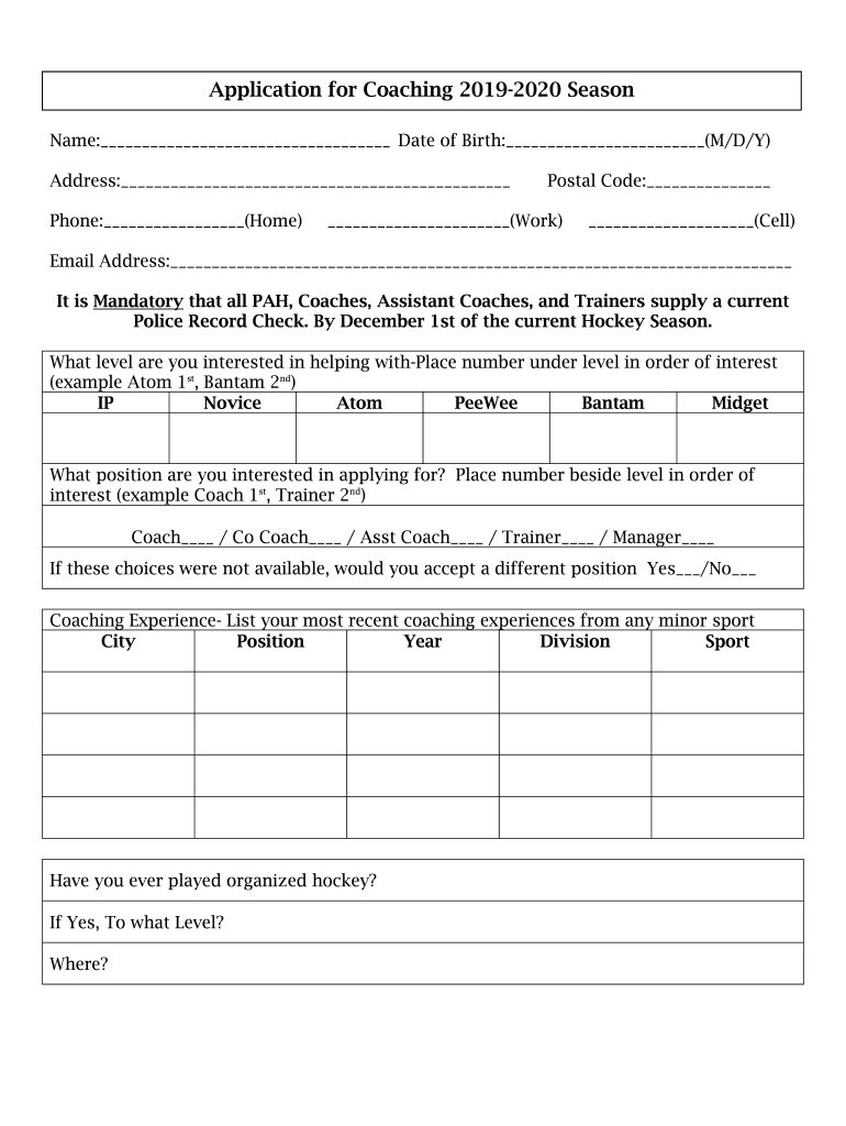 Fillable Online Application for Coaching 2019-2020 Season - Ramp ...