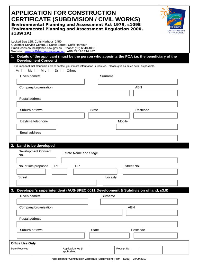 APPLICATION FOR CONSTRUCTION CERTIFICATE (SUBDIVISION / CIVIL WORKS ...
