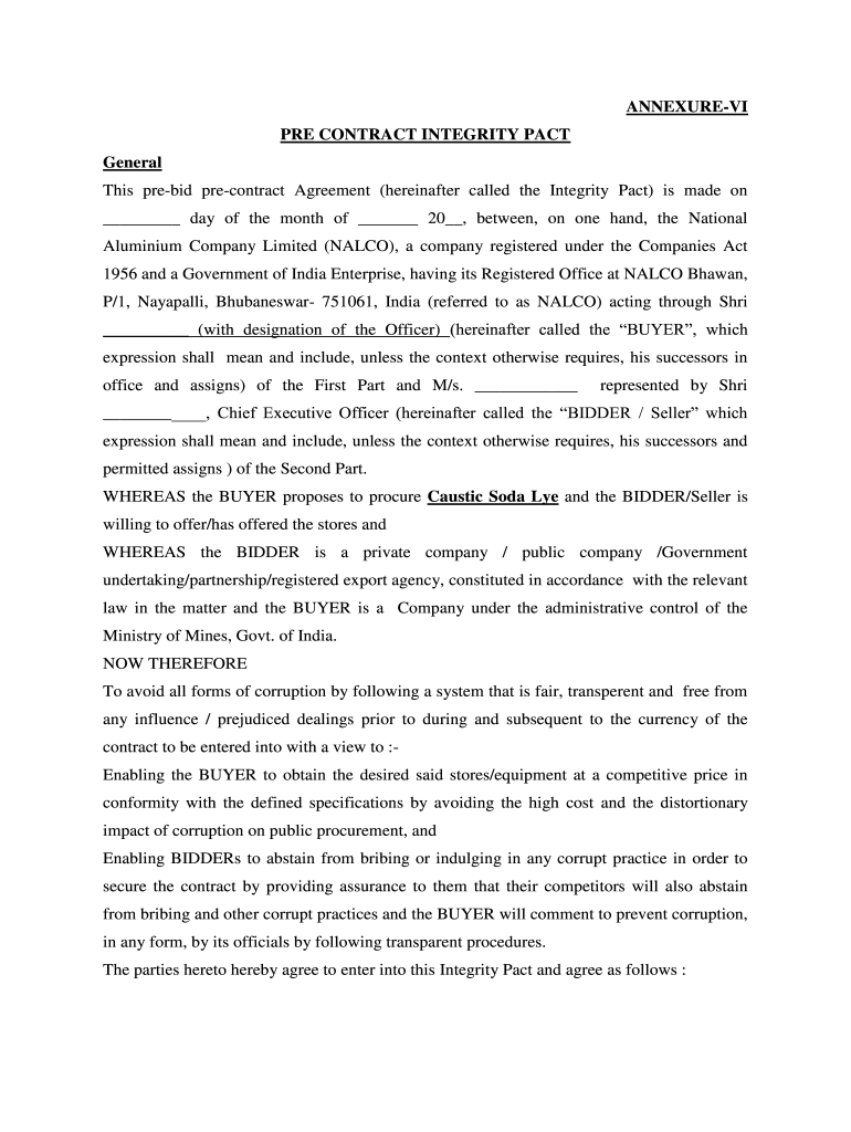 Fillable Online PRE CONTRACT INTEGRITY PACT General: This pre-bid pre ...