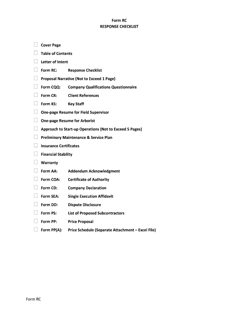 Fillable Online Form RC Form RC RESPONSE CHECKLIST Cover Page ... Fax ...