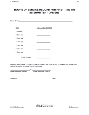 Fillable Online HOURS OF SERVICE RECORD FOR FIRST TIME OR Fax Email ...