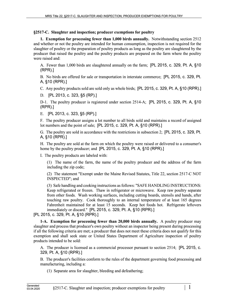 Fillable Online 2517-C. Slaughter and inspection; producer exemptions ...