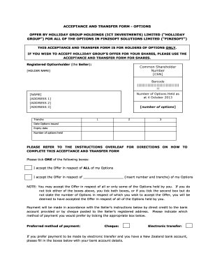 Fillable Online ACCEPTANCE AND TRANSFER FORM - OPTIONS OFFER ... Fax ...
