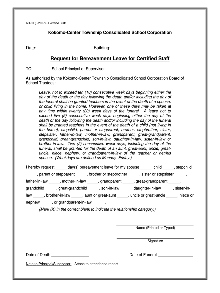 Fillable Online Request for Bereavement Leave for Certified Staff Fax ...