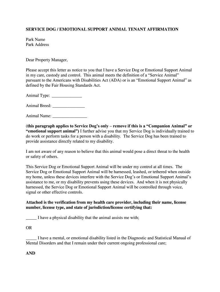 Fillable Online SERVICE DOG / EMOTIONAL SUPPORT ANIMAL TENANT ...