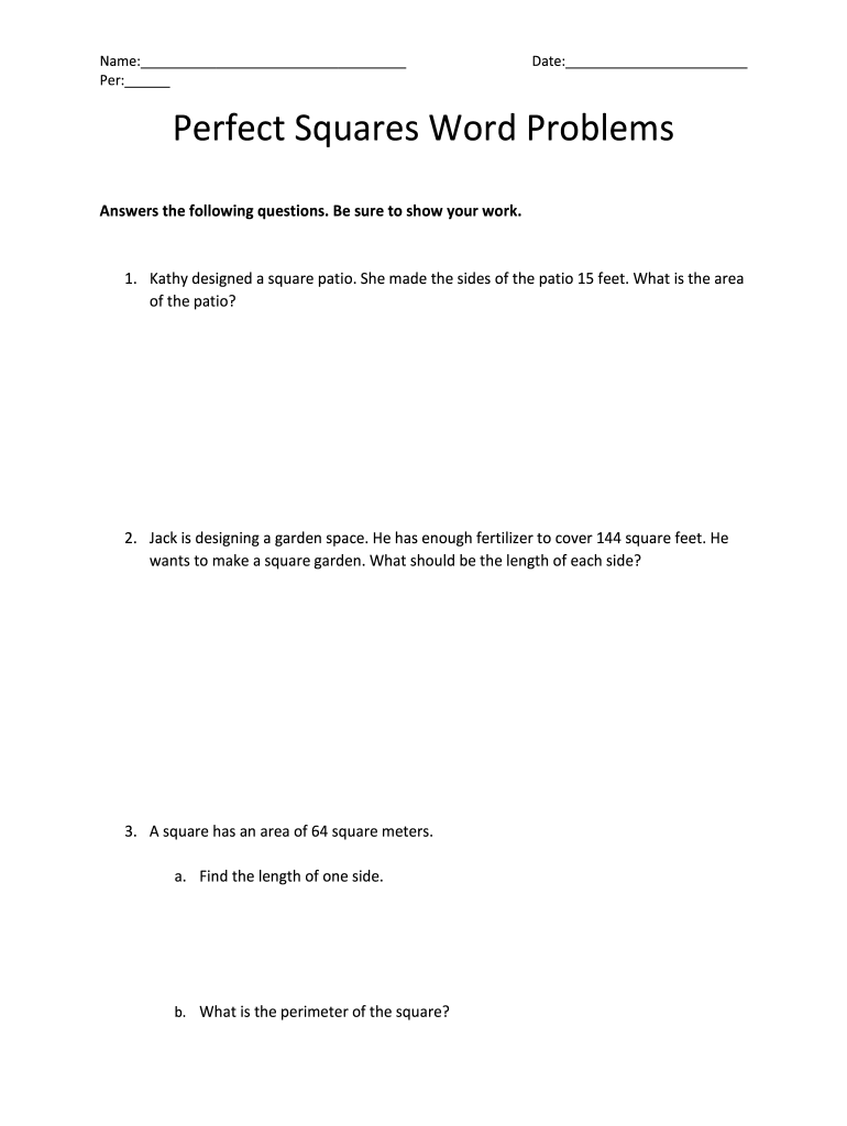 Fillable Online Perfect Squares Word Problems - Astoria Middle School ...