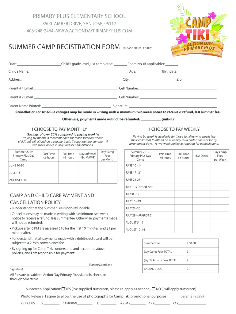 Fillable Online summer camp registration form - Action Day Primary Plus ...