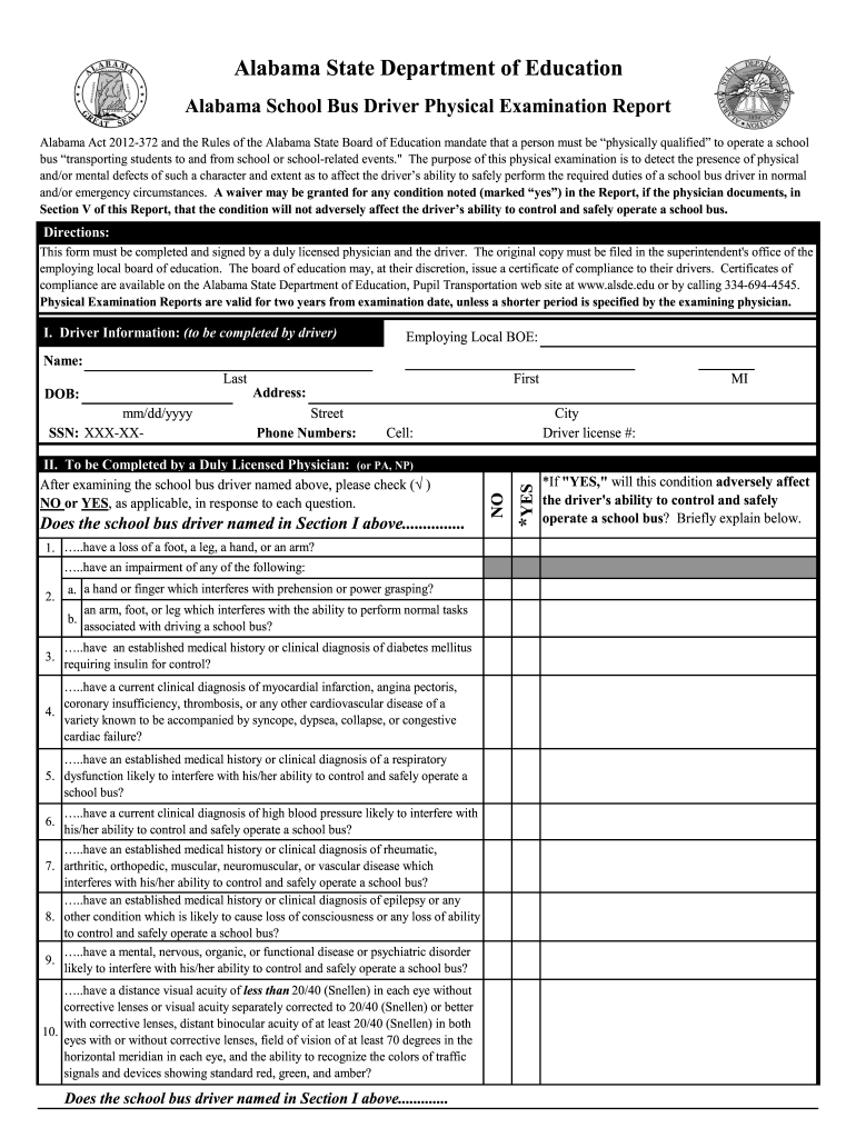 Fillable Online Alabama School Bus Driver Physical Examination Form Fax ...
