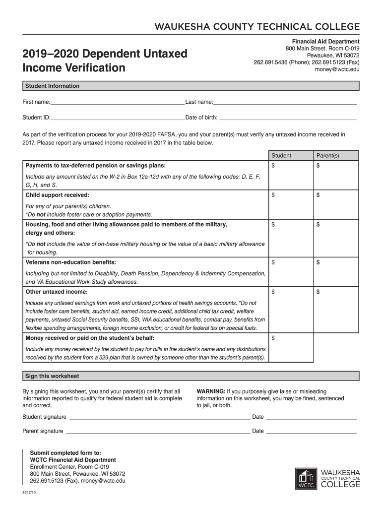 Fillable Online 20192020 Proof of Dependents Verification - WCTC.edu ...