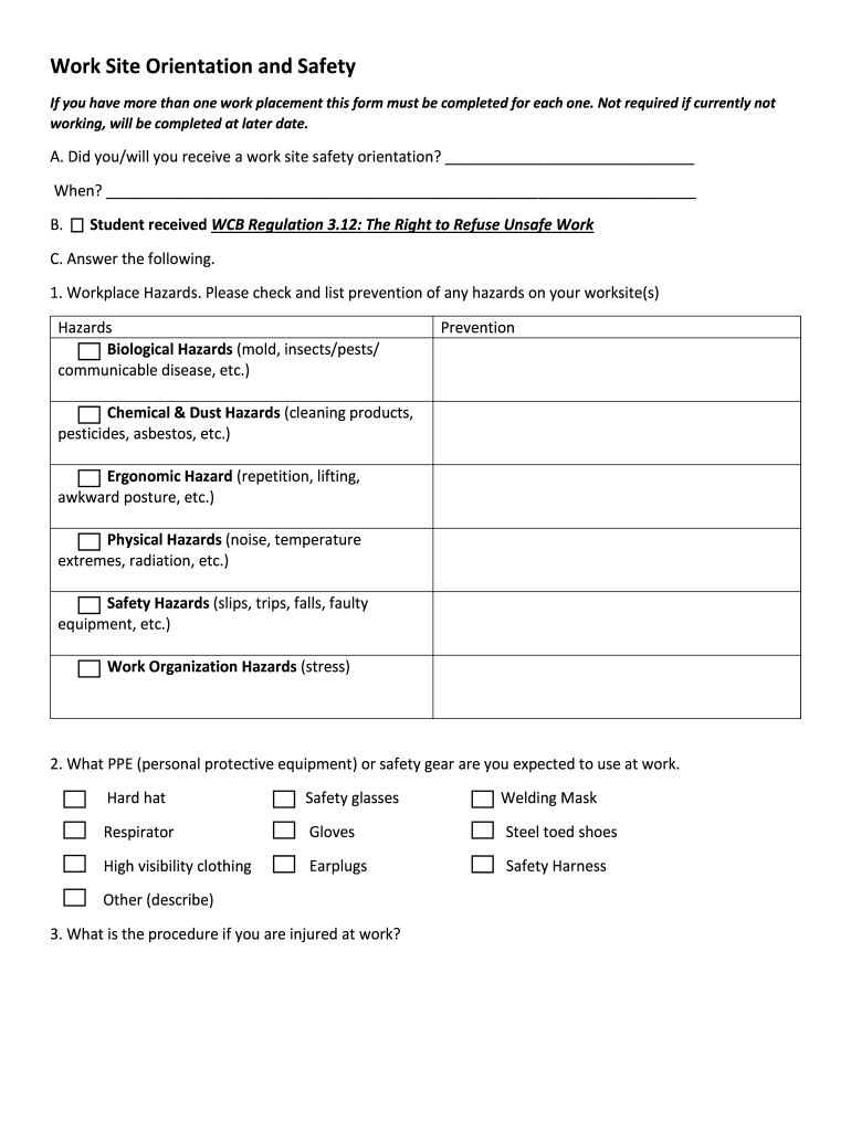 Fillable Online Work Site Orientation and Safety - ctc-careerpaths.ca ...