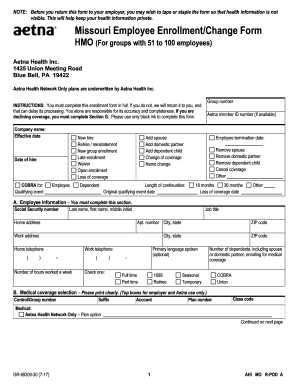 Fillable Online Missouri HMO Employee Enrollment/Change Form - 51-100 Employees - Aetna ...