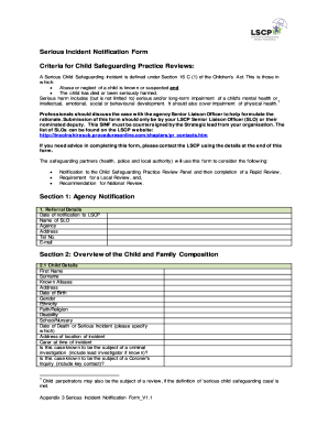 Fillable Online Serious Incident Notification Form Criteria for Child ...