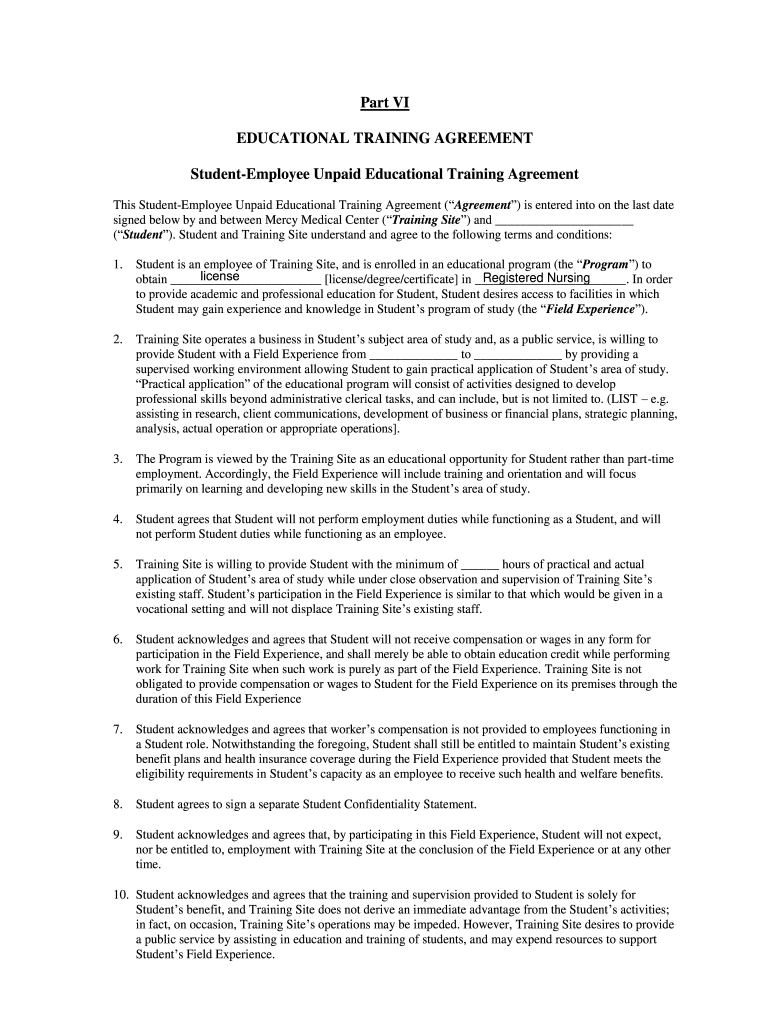 Fillable Online Student Employee Unpaid Ed. Training Agreement - Part ...