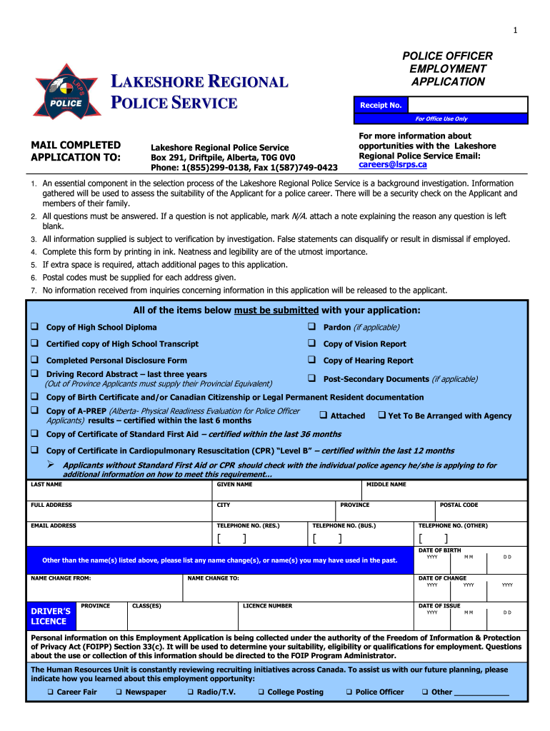 Fillable Online Constable Application - Lakeshore Regional Police ...