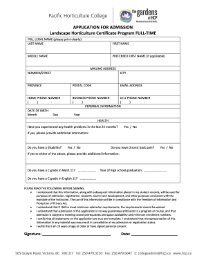 Fillable Online APPLICATION FOR ADMISSION Landscape Horticulture ...