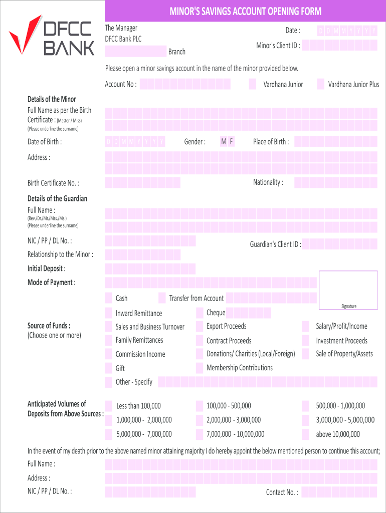 Fillable Online minor's savings account opening form - DFCC Bank Fax ...