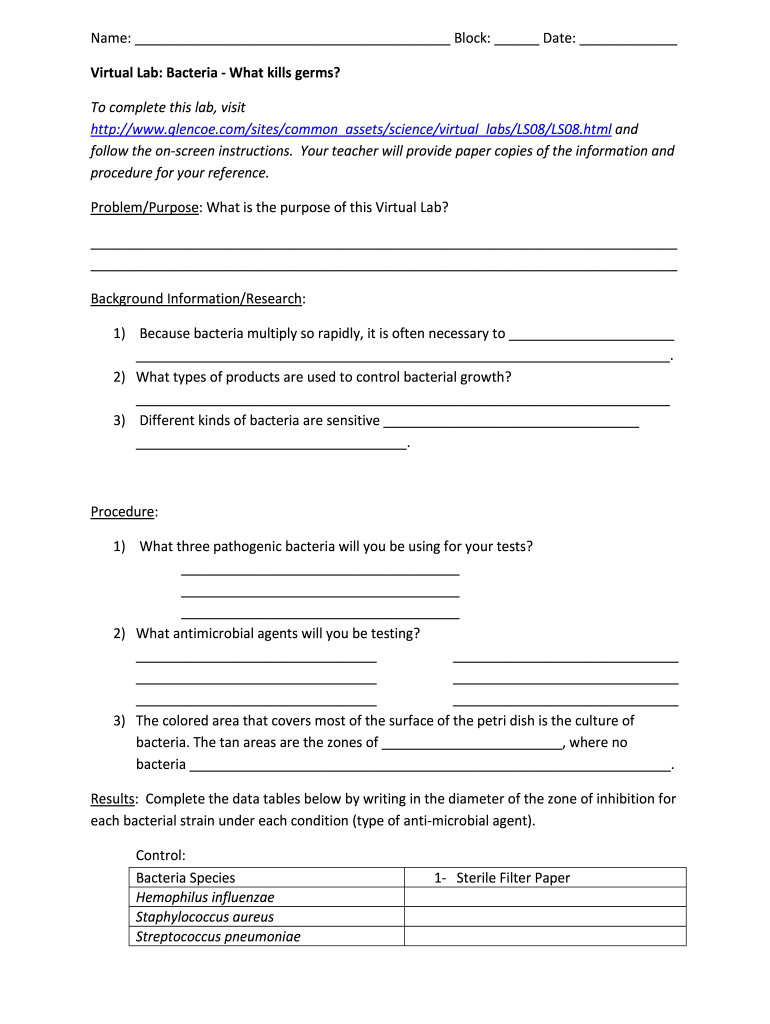 Fillable Online Virtual Lab: Bacteria - What kills germs? - Ms. Faulkner - Science Fax Email ...
