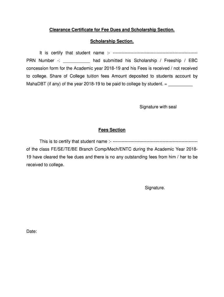 Fillable Online Clearance Certificate for Fees Dues and Scholarship ...