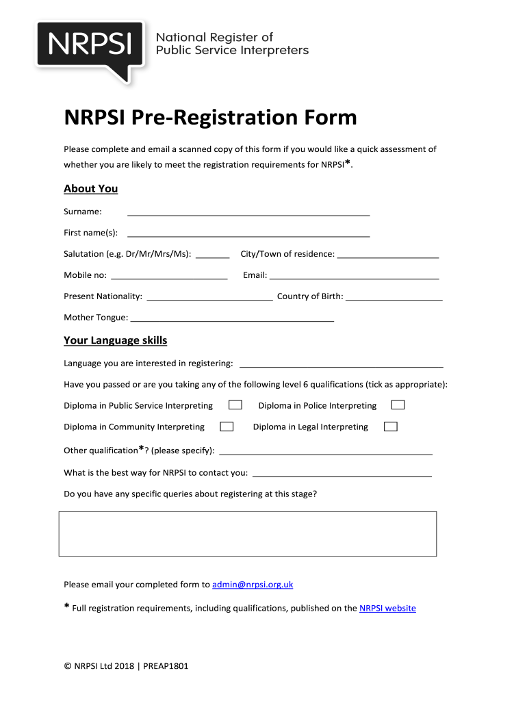 Fillable Online NRPSI Pre-Registration Form Fax Email Print - pdfFiller