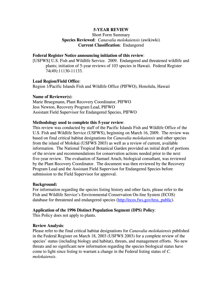 Fillable Online 5-YEAR REVIEW Short Form Summary Species Reviewed ...