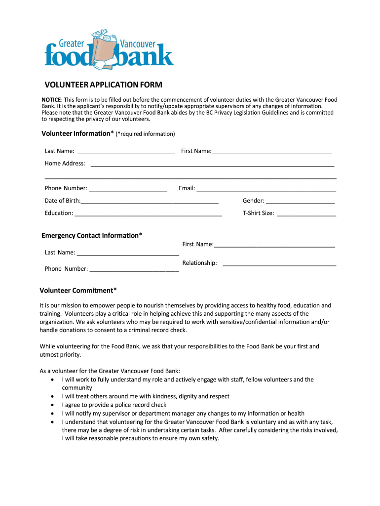Fillable Online Food Bank Volunteering Form - 9th Vancouver Pathfinders Fax Email Print - pdfFiller