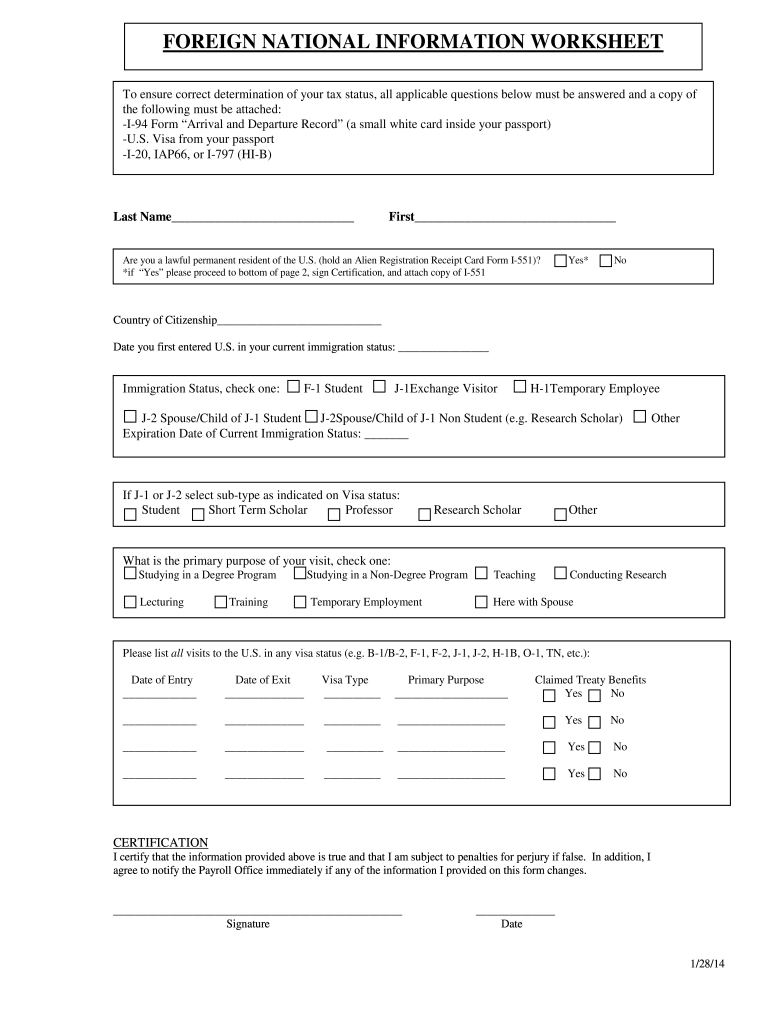 Fillable Online Foreign: National Information Form - Office of Finance ...