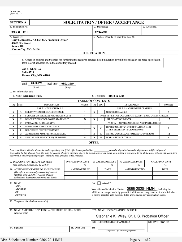 Fillable Online SECTION A SOLICITATION / OFFER / ACCEPTANCE ...