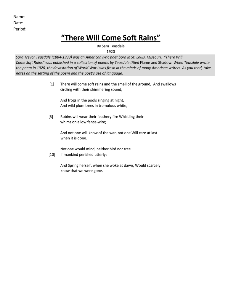 Fillable Online There Will Come Soft Rains by Sara Teasdale ...