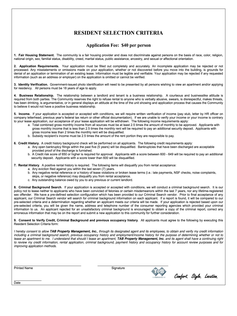Fillable Online TAB Properties - Resident Selection Criteria as of 11-17-16 Fax Email Print ...