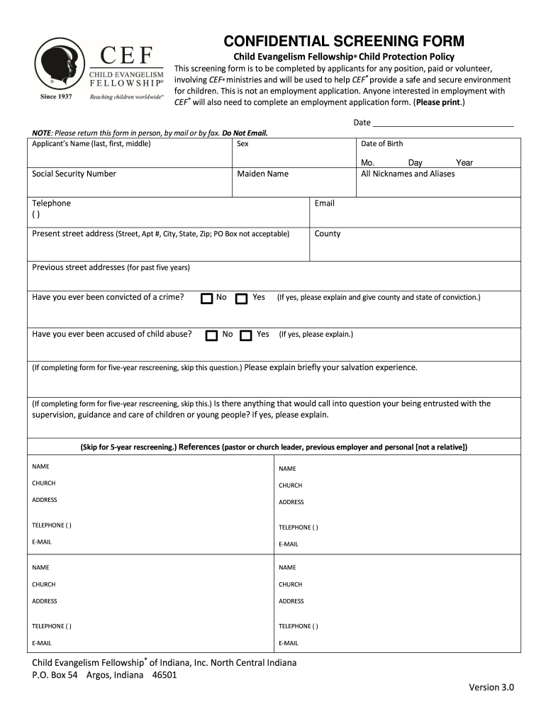 Fillable Online confidential screening form - Child Evangelism ...