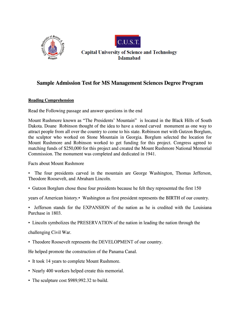 Fillable Online Sample Admission Test for MS Management Sciences Degree ...