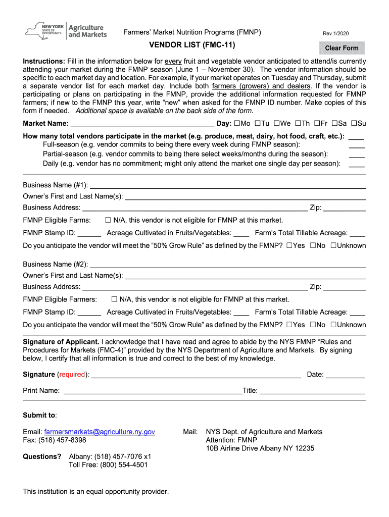 Fillable Online FMNP Vendor List (FMC-11) Fax Email Print - pdfFiller