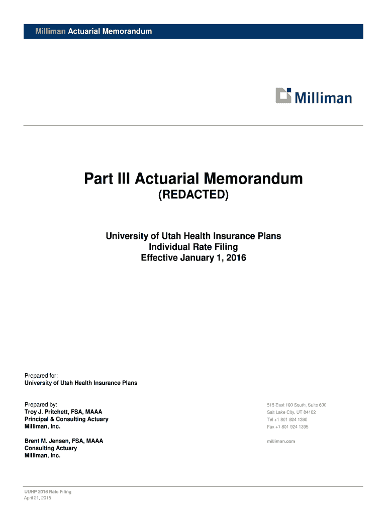 Fillable Online Part III Actuarial Memorandum - healthrates.utah.gov ...