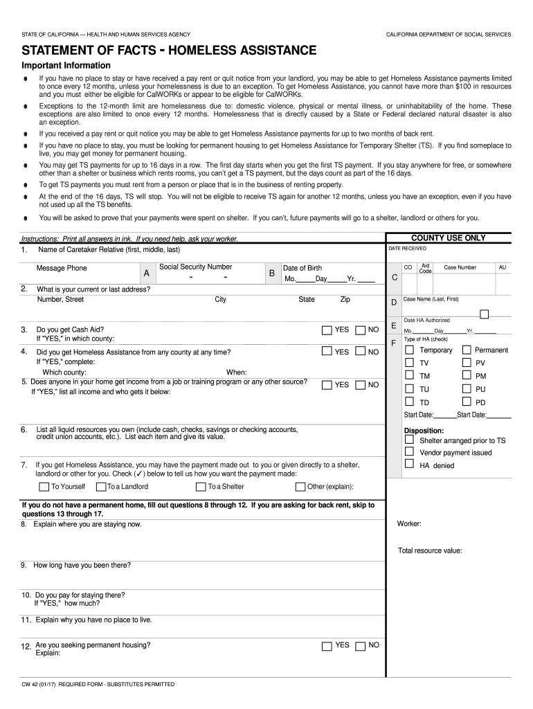 Fillable Online STATEMENT OF FACTS HOMELESS ASSISTANCE - file.lacounty ...