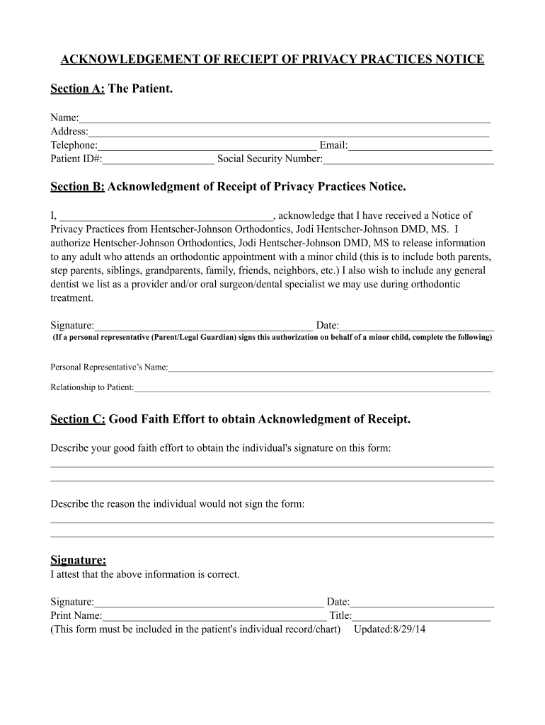 Fillable Online ACKNOWLEDGEMENT OF RECIEPT OF PRIVACY PRACTICES NOTICE ...