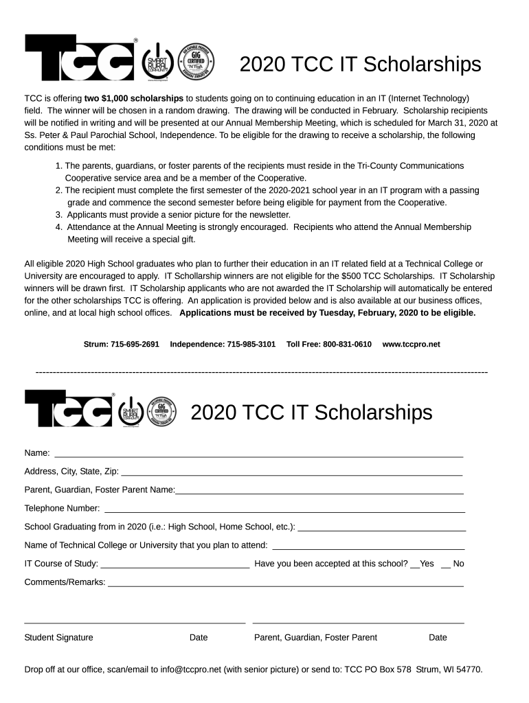 Fillable Online TCC is offering two $1,000 scholarships to students ...