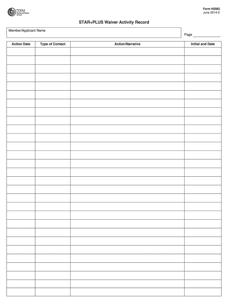 Fillable Online STAR+PLUS Waiver Activity Record. Form H2062 Fax Email ...