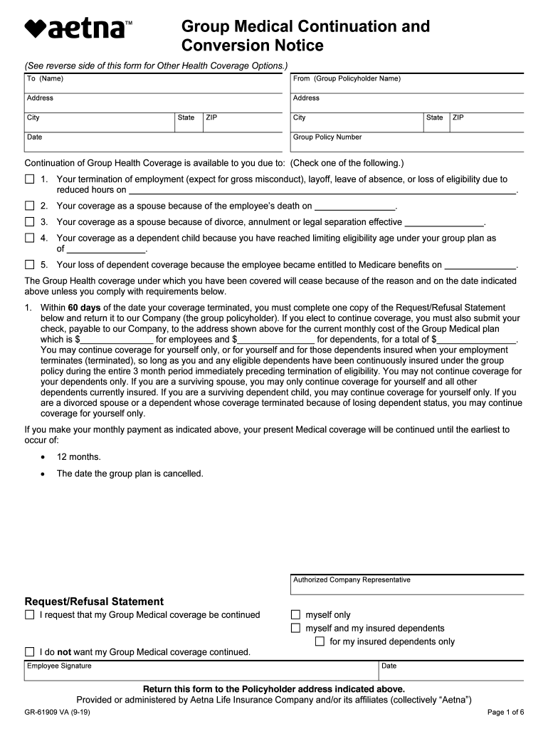 Fillable Online Aetna - Virginia - Group Medical Continuation and ...