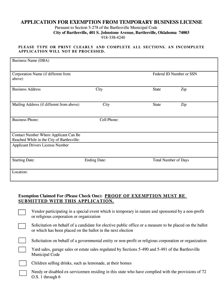 Fillable Online APPLICATION FOR EXEMPTION FROM TEMPORARY BUSINESS ...