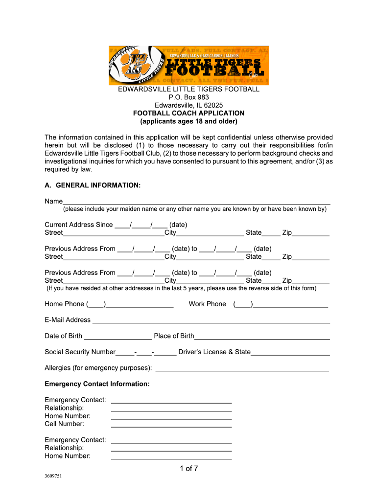 Fillable Online FOOTBALL COACH APPLICATION (applicants ages 18 and ...