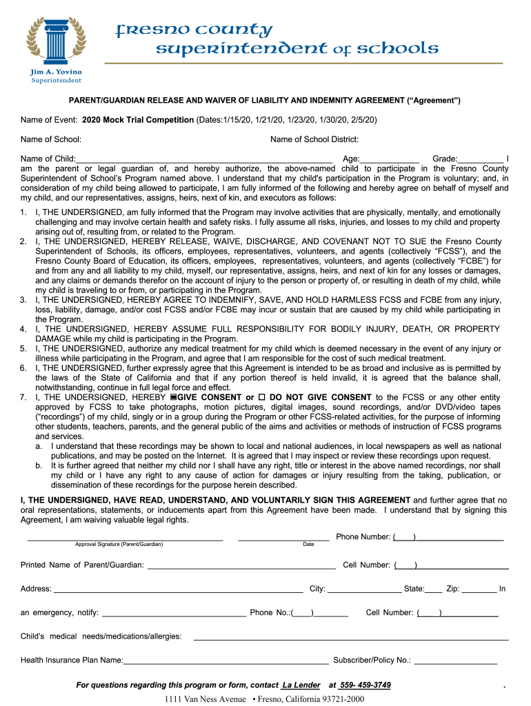 Fillable Online PARENT/GUARDIAN RELEASE AND WAIVER OF LIABILITY AND INDEMNITY AGREEMENT ...
