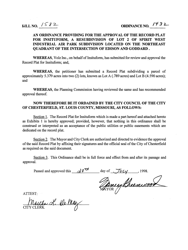 Fillable Online Ordinance 1432. 1582 1432 APPROVES THE RECORD PLAT FOR ...