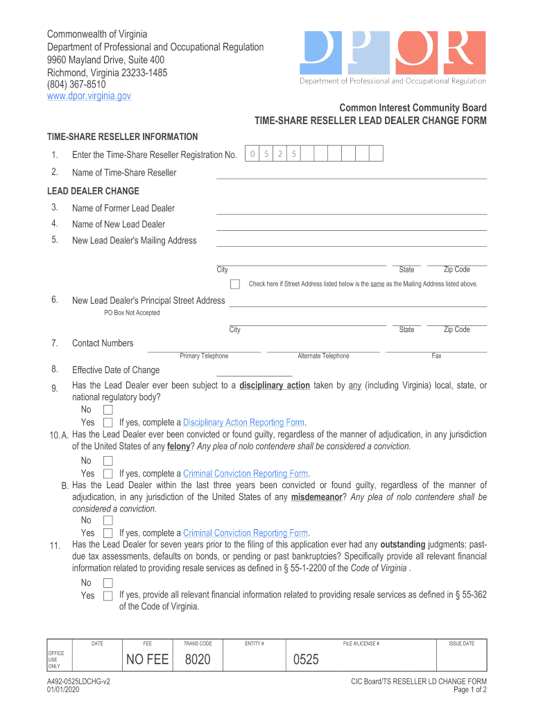 Fillable Online A492-0525LDCHG - TIME-SHARE RESELLER LEAD DEALER CHANGE ...